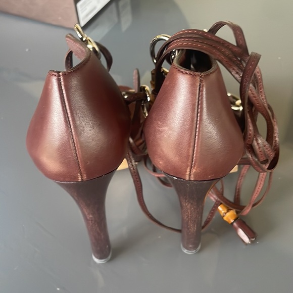 Gucci | Shoes | Gucci Brown Leather Platform Super High Heel Ankle Wrap ...